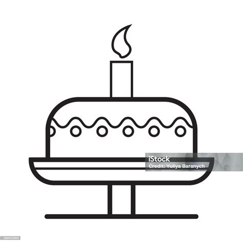 간단한 윤곽 선 스타일의 케이크 아이콘 벡터 생일 축하합니다 접시에 페이스트리와 촛불 그림 결혼식 발렌타인 로맨스 기호 검은색에 대한 스톡 벡터 아트 및 기타 이미지