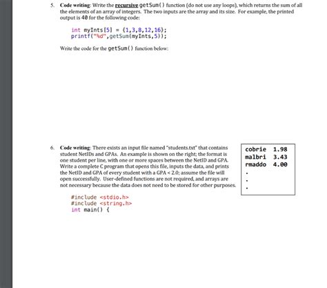 Solved 5 Code Writing Write The Recursive Getsum