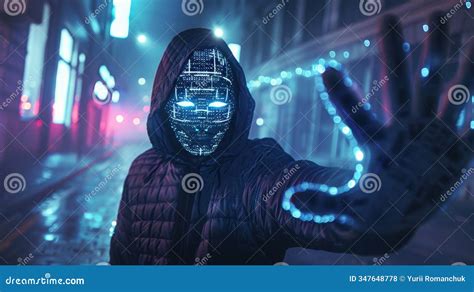 Mysterious Hacker With Glowing Binary Face In Dark Futuristic Setting