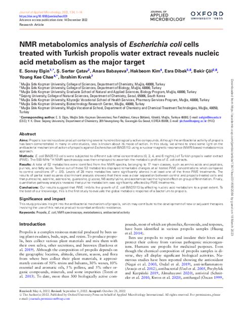 Pdf Nmr Metabolomics Analysis Ofescherichia Colicells Treated With Turkish Propolis Water
