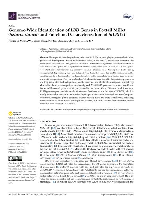 Pdf Genome Wide Identification Of Lbd Genes In Foxtail Millet