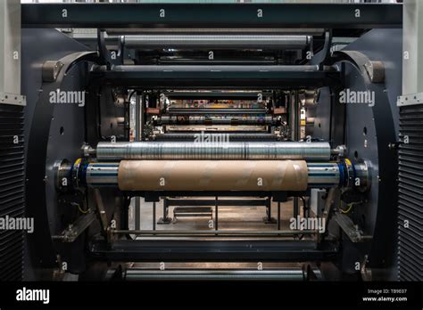 Industrial Roll To Roll Offset Machine Inner Workings Paper Output Input Printing Stock Photo
