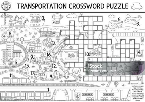 아이들을 위한 벡터 교통 흑백 낱말 퍼즐 도시 풍경과 간단한 라인 퀴즈 교통 자동차 기차 버스 지하철을 이용한 교육 활동 귀여운 십자말 풀이 색칠하기 기차에 대한 스톡 벡터