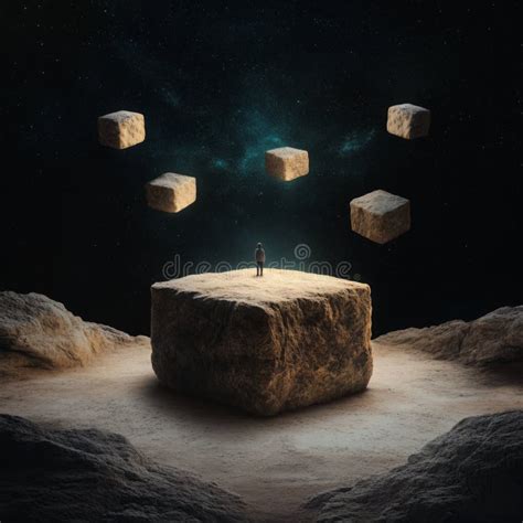 Surreal Cosmic Exploration With Floating Cubes And Lone Figure In