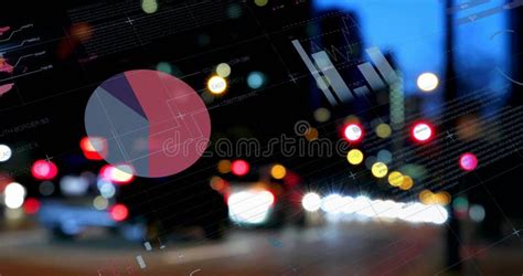 Pie Charts And World Map Image Over Blurred City Street Lights At Night
