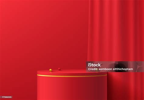 부드러운 빨간 커튼 장면이 있는 사실적인 3d 빨간색과 금색 실린더 연단 받침대 배경 추상 미니멀 모형 또는 제품 전시 프리젠테이션 무대 쇼케이스 플랫폼 벡터 기하학적