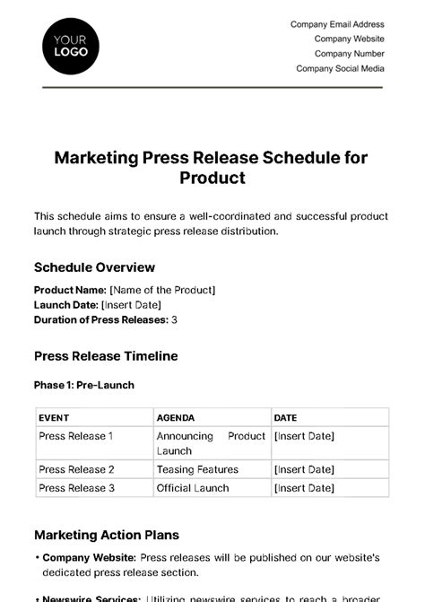 Free Marketing Press Release Schedule For Product Template To Edit Online