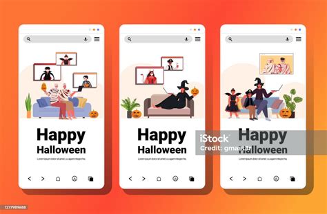 화상 통화 해피 할로윈 휴일 축하 개념 온라인 통신 중에 토론 하는 의상에 사람들을 설정 노인에 대한 스톡 벡터 아트 및 기타 이미지 노인 벡터 할로윈 Istock