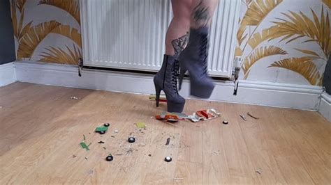 Giantess Atari Crushes Two Old Race Cars Toy Car Crush In High Heel Boots Right Side View Car