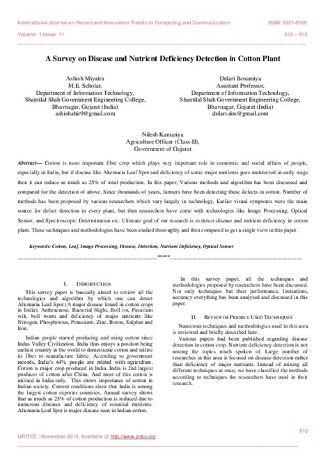 Pdf A Survey On Disease And Nutrient Deficiency Detection In Cotton Plant
