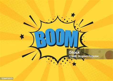 구름 하프 톤 효과와 광선 노란색 색상의 붐 만화 만화 만화 책 풍선입니다 슈퍼히어로에 대한 스톡 벡터 아트 및 기타 이미지 슈퍼히어로 구름 기포 Istock