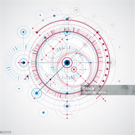 추상적인 그래픽 및 웹 디자인에 사용 하기 위해 초안 엔지니어링 기술 계획 빨간색과 파란색 벡터 기계 부품 및 원으로 만든 산업