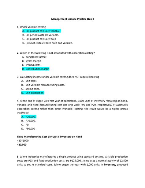 Management Science Practice Quiz I Management Science Practice Quiz I