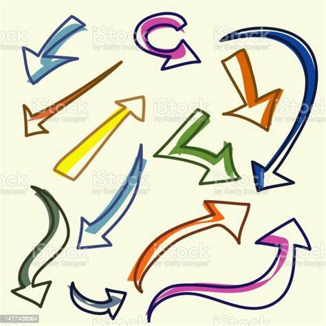 방향 포인터 모양과 개체로 다채로운 다양한 낙서 화살표 손으로 그린 벡터 일러스트 레이 션 개체 그룹에 대한 스톡 벡터 아트 및 기타 이미지 Istock