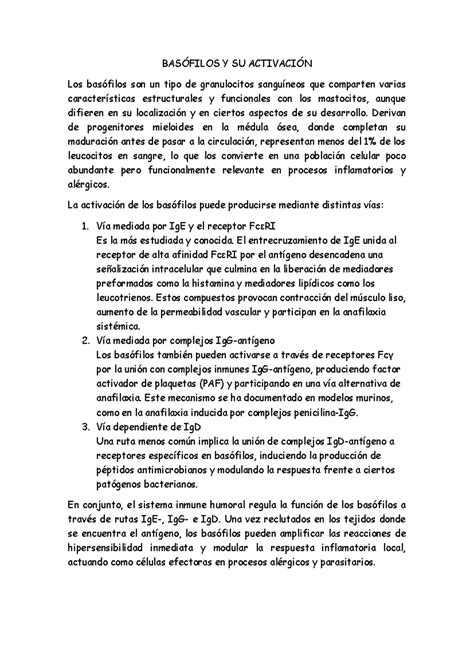 BasÓfilos Y Su ActivaciÓn Funciones Y Mecanismos Inmunológicos Studocu