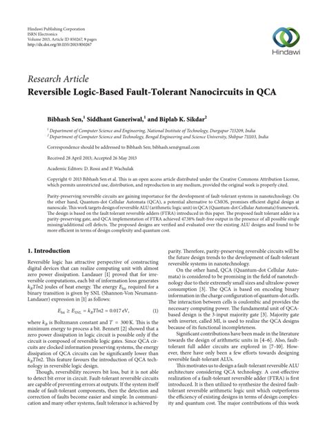 Pdf Reversible Logic Based Fault Tolerant Nanocircuits In Qca