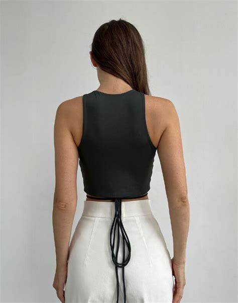 Кроп топ з гладкої тканини зі шнурівкою попереду графітовий купити в Києві Товари зі знижкою