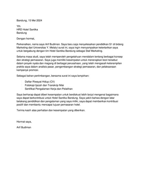 Contoh Surat Lamaran Kerja Di Hotel Berbagai Posisi