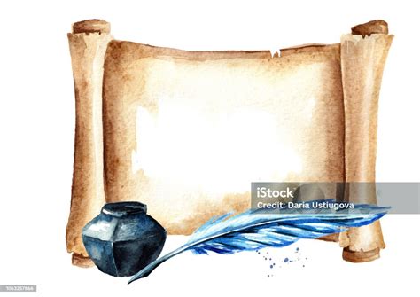 펜과 잉크병 오래 된 종이 가로 스크롤 흰색 배경에 고립 수채화 손으로 그린 그림 고대의에 대한 스톡 벡터 아트 및 기타 이미지 고대의 골동품 공란 Istock