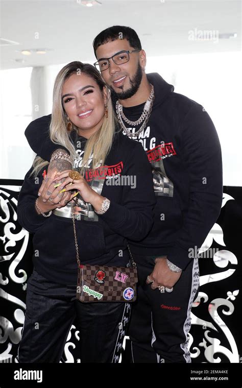 MIAMI BEACH FL JANUARY 23 Anuel AA And Karol G Are Seen At A Press Conference To Announce