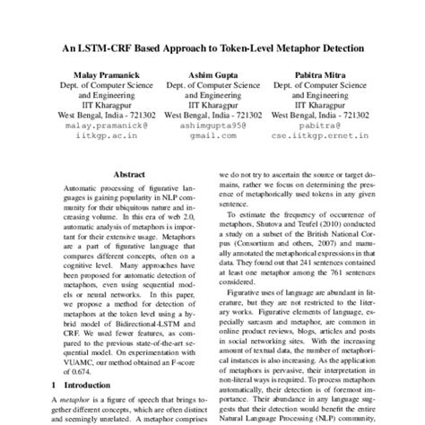 An Lstm Crf Based Approach To Token Level Metaphor Detection Acl Anthology