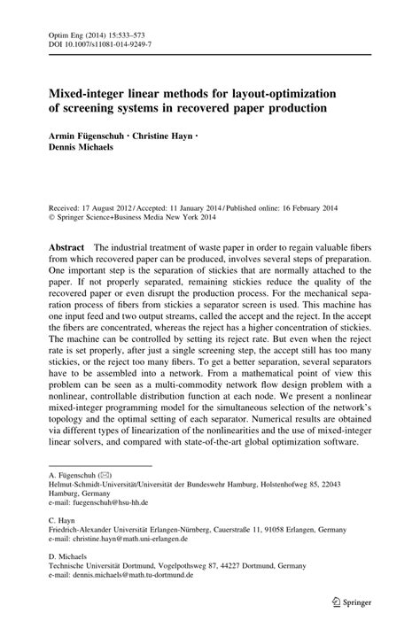 Pdf Mixed Integer Linear Methods For Layout Optimization Of Screening