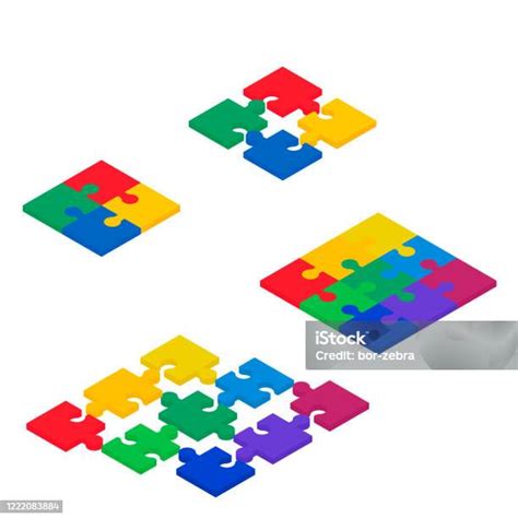 퍼즐 사각형 아이소메트릭 다이어그램의 조각 직소 퍼즐 정보 그래픽 조각그림 맞추기에 대한 스톡 벡터 아트 및 기타 이미지 조각그림 맞추기 등측투영법 연결 Istock