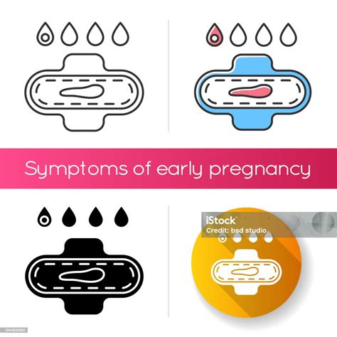 약간의 출혈 아이콘 임신 초기 증상 생리 주기 마침표 패드 여성 생식 계통 건강 위생 및 위생 선형 검정 및 Rgb 색상 스타일입니다 격리된 벡터 일러스트레이션 아이콘에
