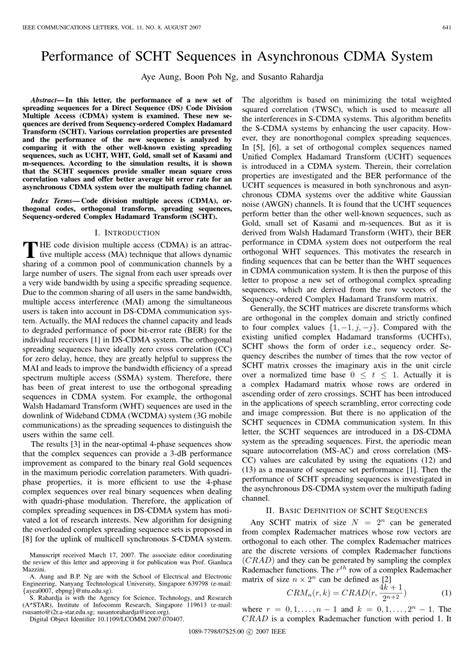 Pdf Performance Of Scht Sequences In Asynchronous Cdma System
