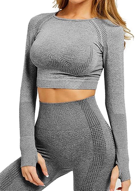 Seasum Women Workout Crop Top Seamless Shirt Athletic Long Sleeve