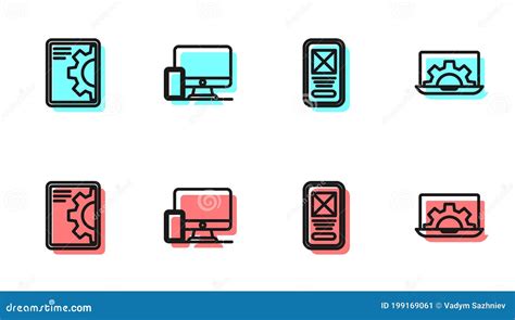 Set Line Ui Or Ux Design Web Development Monitor And Mobile And Icon
