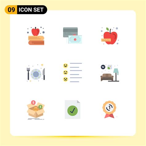 User Interface Pack Of 9 Basic Flat Colors Of Emojis List Diet Format Hotel Editable Vector