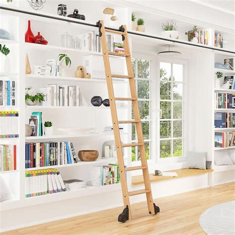 Quiet Glide 8 Ft Red Oak Library Ladder 9 Ft Reach Black Rolling