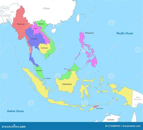 Map Of Southeast Asia With Borders Of The States Stock Vector