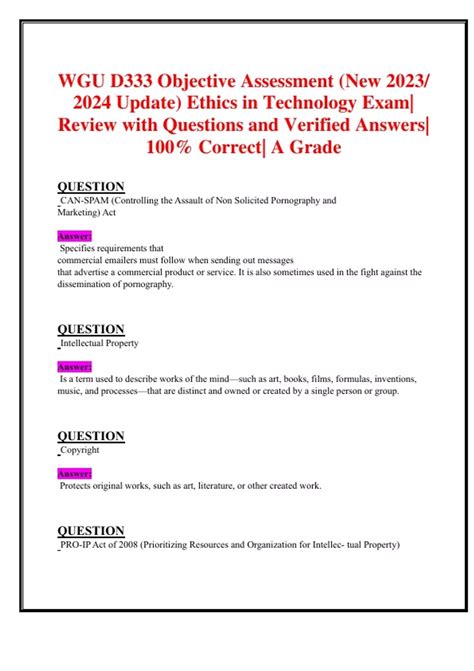 WGU D Objective Assessment New Update Ethics In Technology Exam Review With