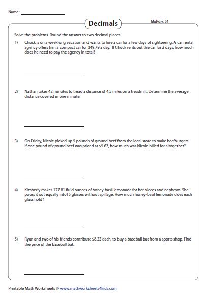 Decimal Word Problems Worksheets
