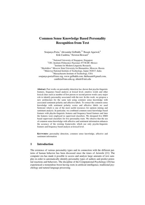 Pdf Common Sense Knowledge Based Personality Recognition From Text