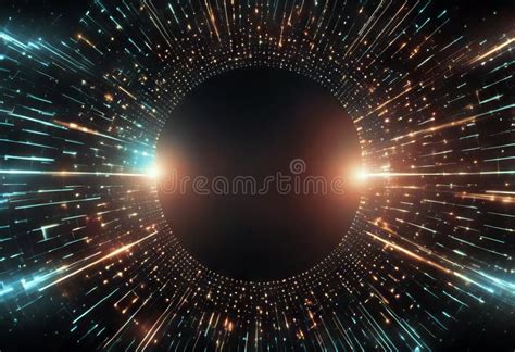 Abstract Illuminated Blue Circle Shape Of Particles Array On Dark Background Technology Concept