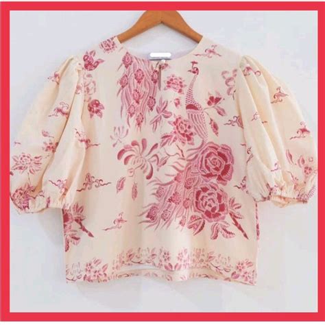 Jual Blus Batik Atasan Kerja Wanita Crop Top Jumbo Lengan Balon Busui Kancing Depan Lengan Balon