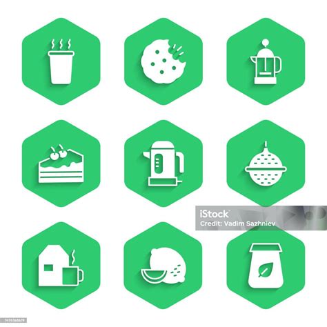 세트 전기 주전자 레몬 차 포장 공 차 여과기 우유 컵 조각 케이크 프렌치 프레스 및 아이콘 벡터 감귤류 과일에 대한 스톡 벡터 아트 및 기타 이미지 Istock