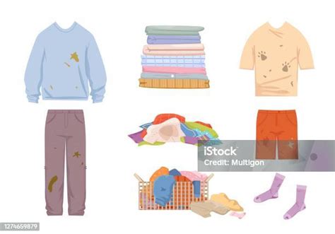 더러운 옷과 엉망 세트 기름기름 스테인드 블루 스웨터와 바지 더미의 씻지 않은 양말 반바지 티셔츠와 개 프린트 세탁 바구니는