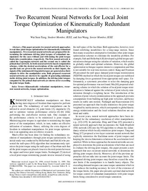 Pdf Two Recurrent Neural Networks For Local Joint Torque Optimization