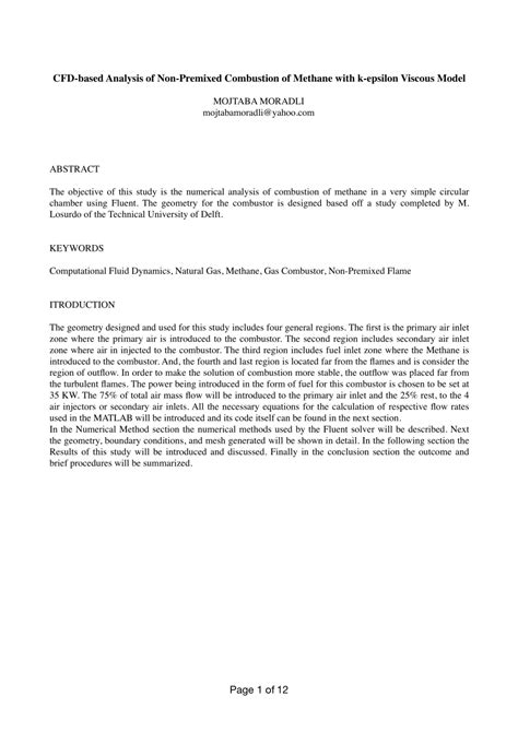 Pdf Cfd Based Analysis Of Non Premixed Combustion Of Methane With K Epsilon Viscous Model