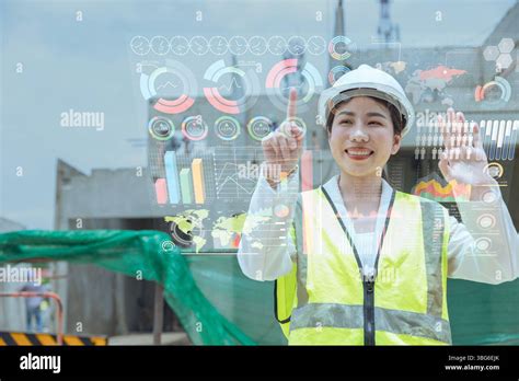 Happy Construction Engineer Women Overlay With Modern Infographic Graph