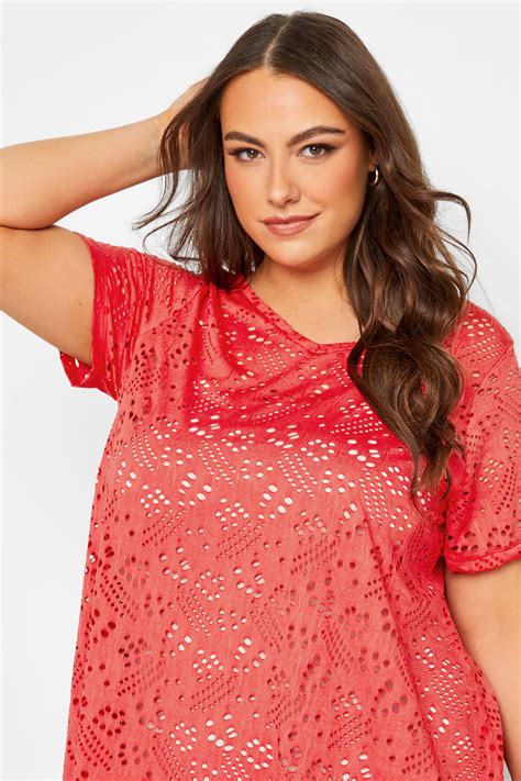 Yours Curve Plus Size Red Broderie Anglaise Swing V Neck T Shirt