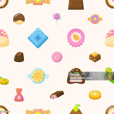 원활한 패턴 추상 요소 다른 과자 음식 막대 사탕 사탕 벡터 디자인 스타일 배경 일러스트레이션 질감 인쇄물 섬유 의류 선물 포장