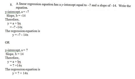 Solved A Linear Regression Equation Has A Y Intercept Equal Chegg Com