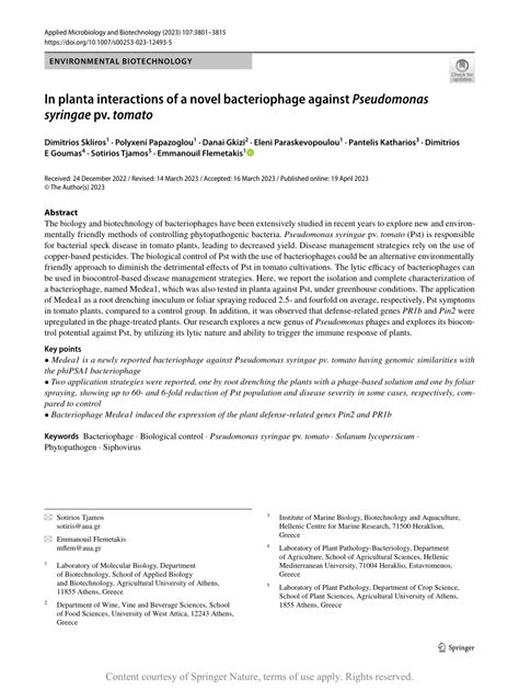 Pdf In Planta Interactions Of A Novel Bacteriophage Against Pseudomonas Syringae Pv Tomato