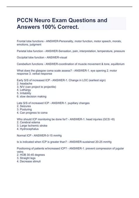 PCCN Neuro Exam Questions And Answers Correct PCCN Neuro Stuvia US