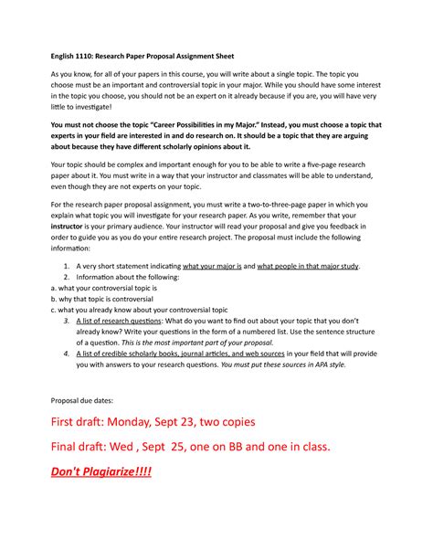 Proposal Assignment Sheet English 1110 Research Paper Proposal